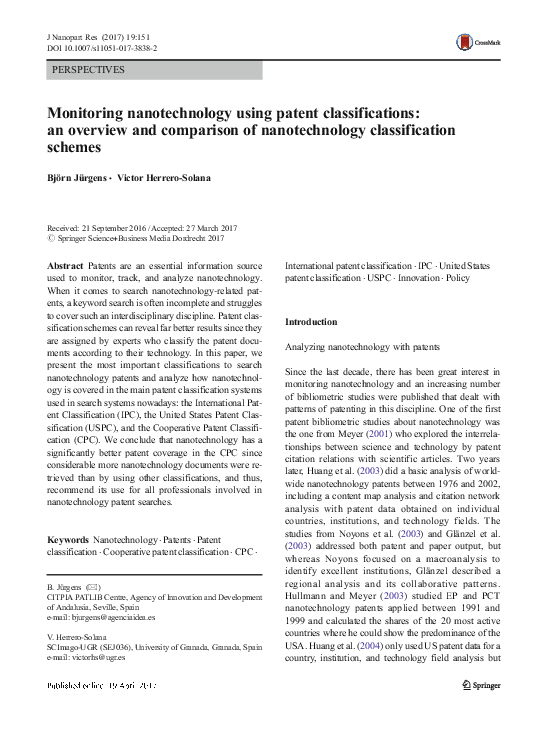 (PDF) Monitoring nanotechnology using patent classifications: an overview and comparison of ...