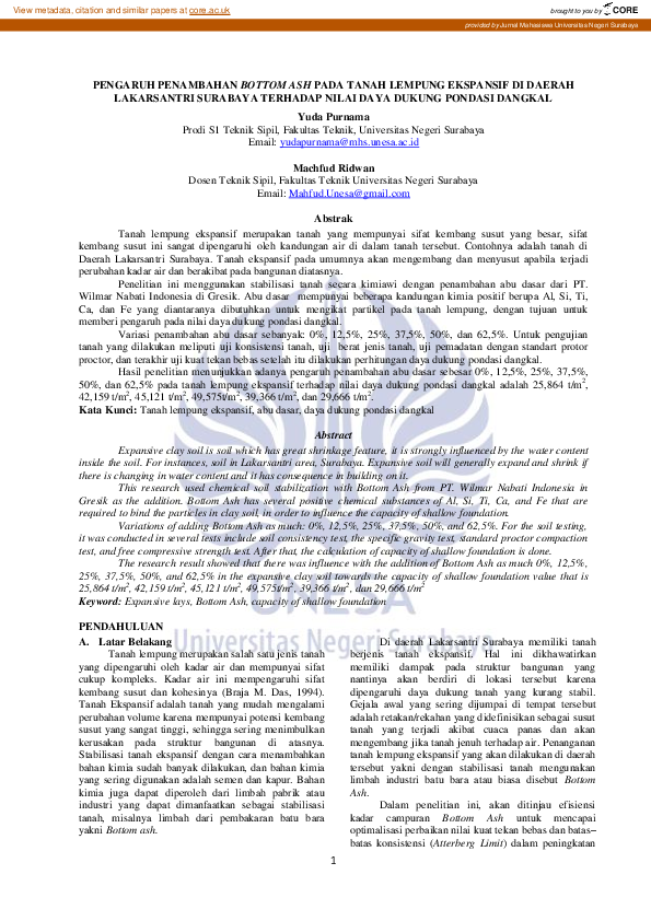 (PDF) Pengaruh Penambahan Bottom Ash Pada Tanah Lempung Ekspansif DI Daerah Lakarsantri Surabaya ...