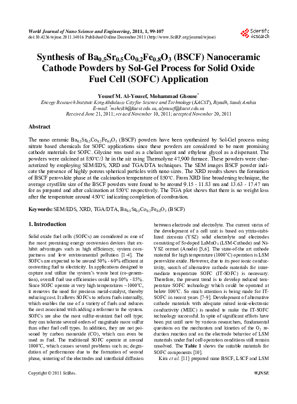 (PDF) BSCF Nanoceramic Cathodes via Sol-Gel for SOFC