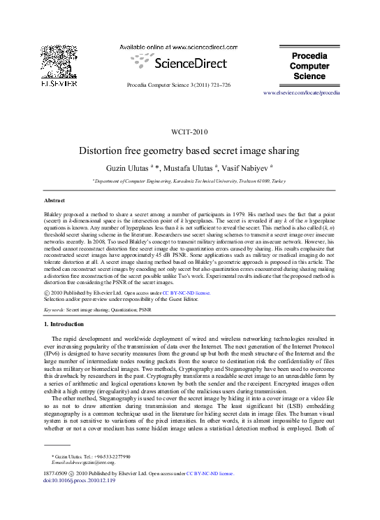 (PDF) Distortion free geometry based secret image sharing