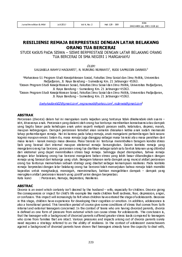 (PDF) Resiliensi Remaja Berprestasi Dengan Latar Belakang Orang Tua Bercerai