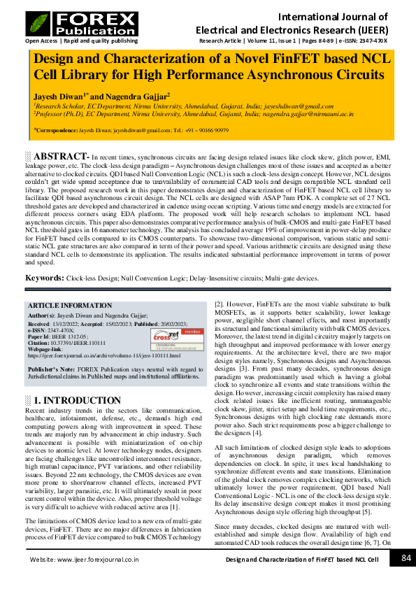 Pdf Design And Characterization Of A Novel Finfet Based Ncl Cell Library For High Performance