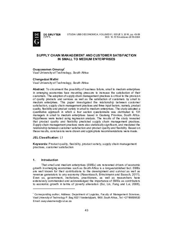 (PDF) Supply Chain Management and Customer Satisfaction in Small to ...