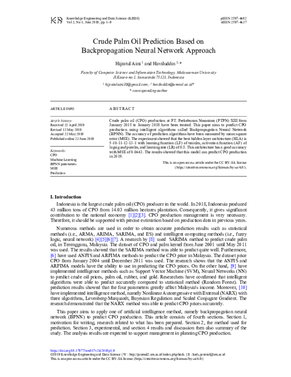 (PDF) Crude Palm Oil Prediction Based on Backpropagation Neural Network Approach