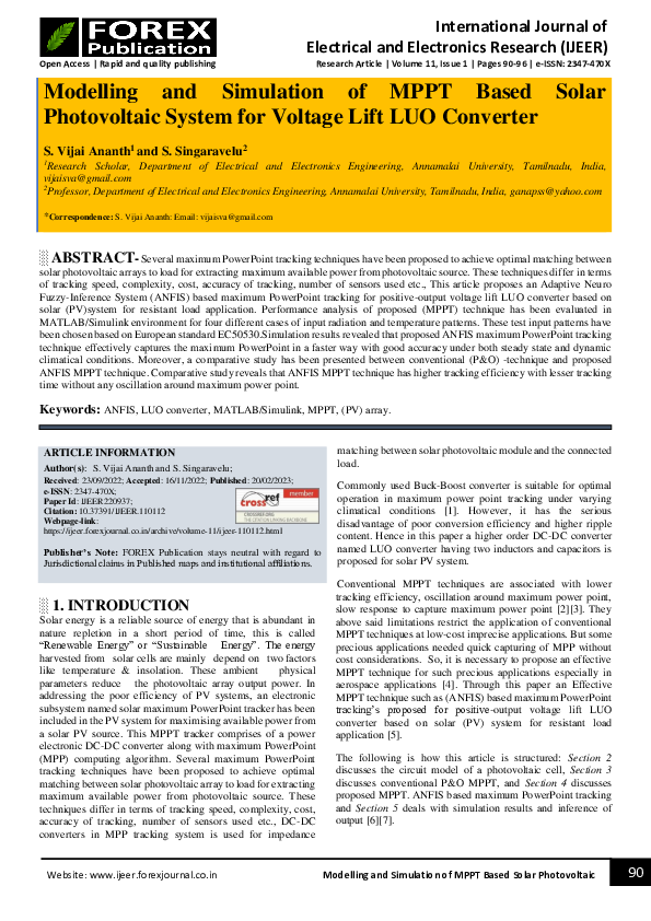 (PDF) Modelling and Simulation of MPPT Based Solar Photovoltaic System for Voltage Lift LUO ...
