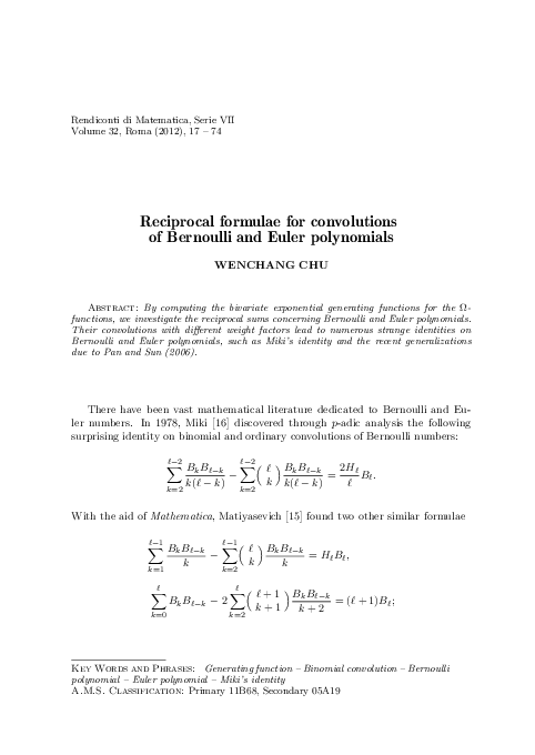 Pdf Reciprocal Convolutions Of Bernoulli And Euler Polynomials