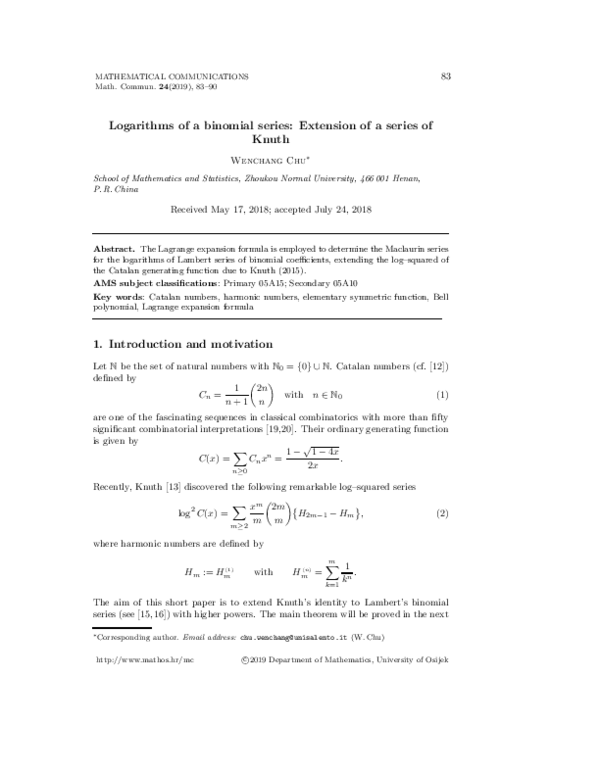 (PDF) Logarithm of binomial series: Extension of a series of Knuth