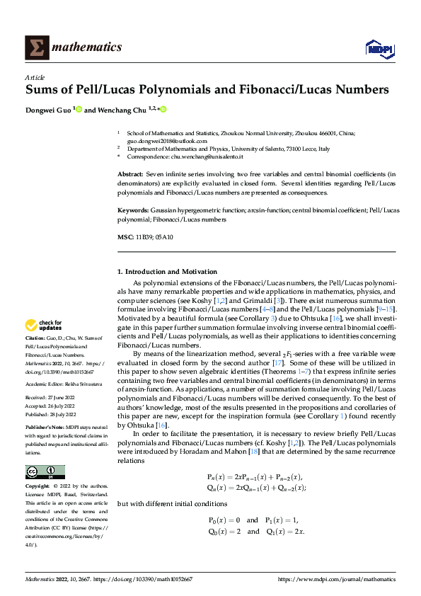 Pdf Sums Of Pell Lucas Polynomials And Fibonacci Lucas Numbers