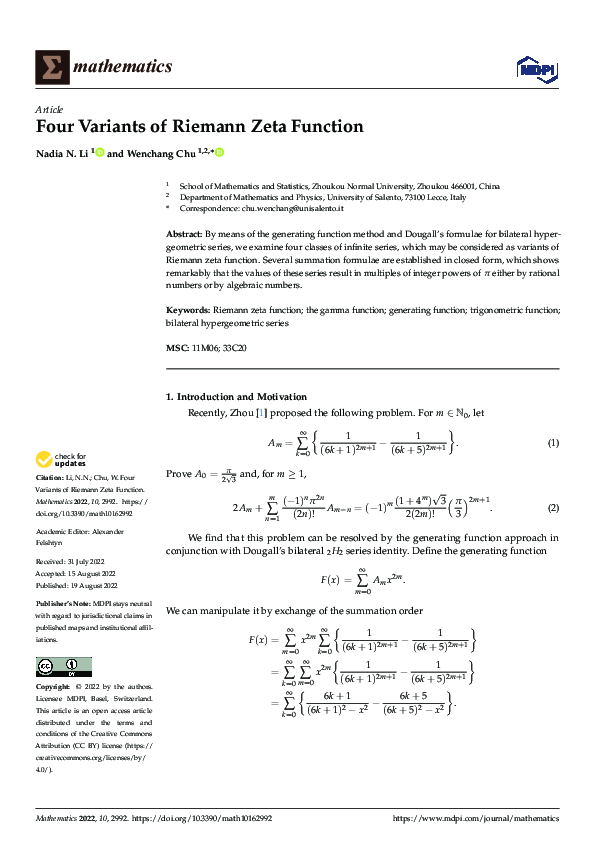 Pdf Four Variants Of Riemann Zeta Function