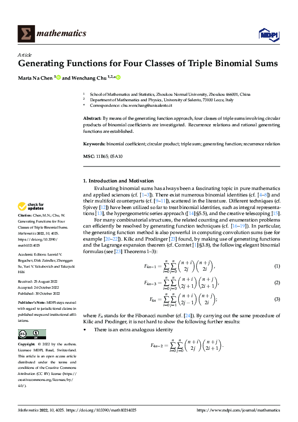 Pdf Generating Functions For Four Classes Of Triple Binomial Sums