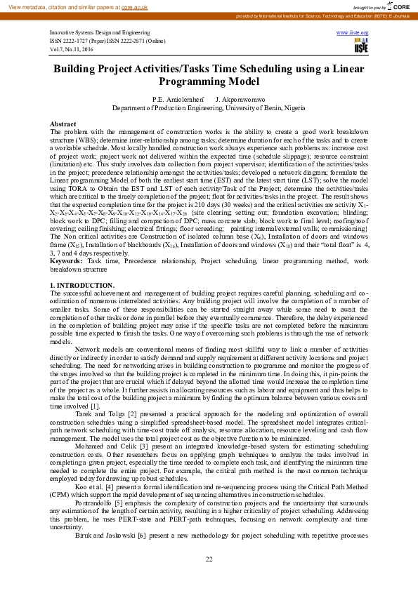 (PDF) Building Project Activities/Tasks Time Scheduling using a Linear ... (PDF) Building Project Activities/Tasks Time Scheduling using a Linear ...