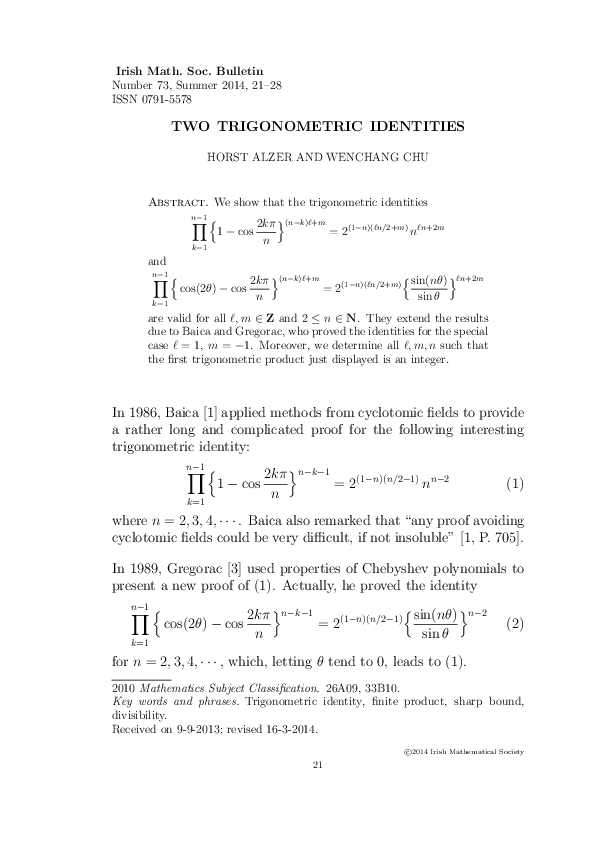 (PDF) Two Trigonometric Identities