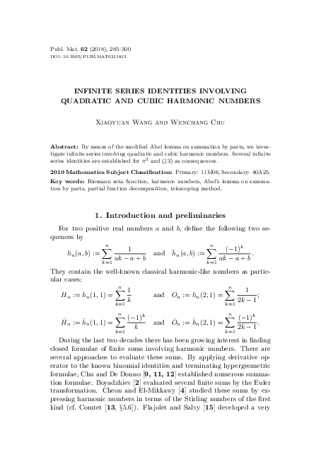 (PDF) Infinite series identities involving quadratic and cubic harmonic ...