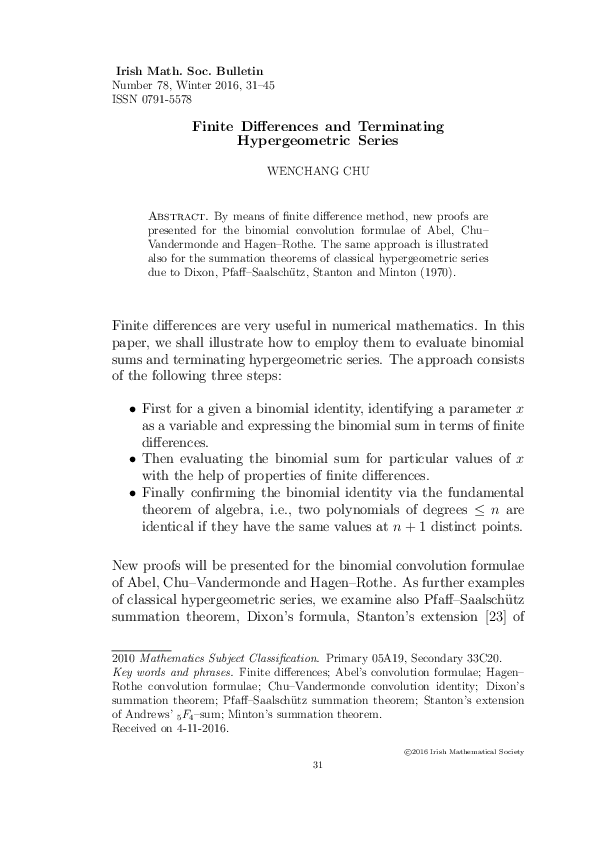 (PDF) Finite Differences and Terminating Hypergeometric Series