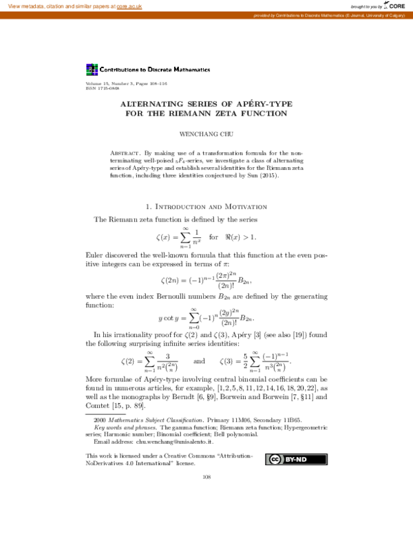 (PDF) Alternating series of Apéry-type for the Riemann zeta function