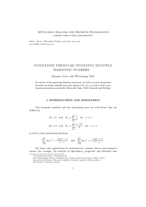 (PDF) Summation formulae involving multiple harmonic numbers