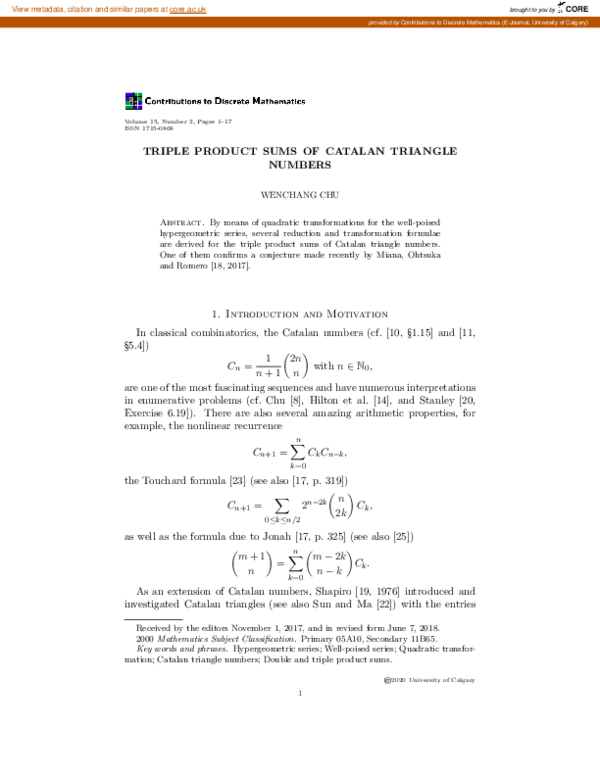 (PDF) Triple product sums of Catalan triangle numbers