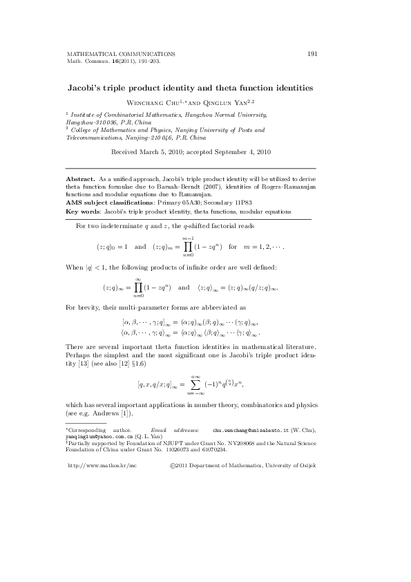 (PDF) Jacobi\u27s triple product identity and theta function identities