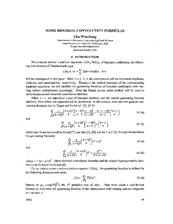 (PDF) Some Binomial Convolution Formulas