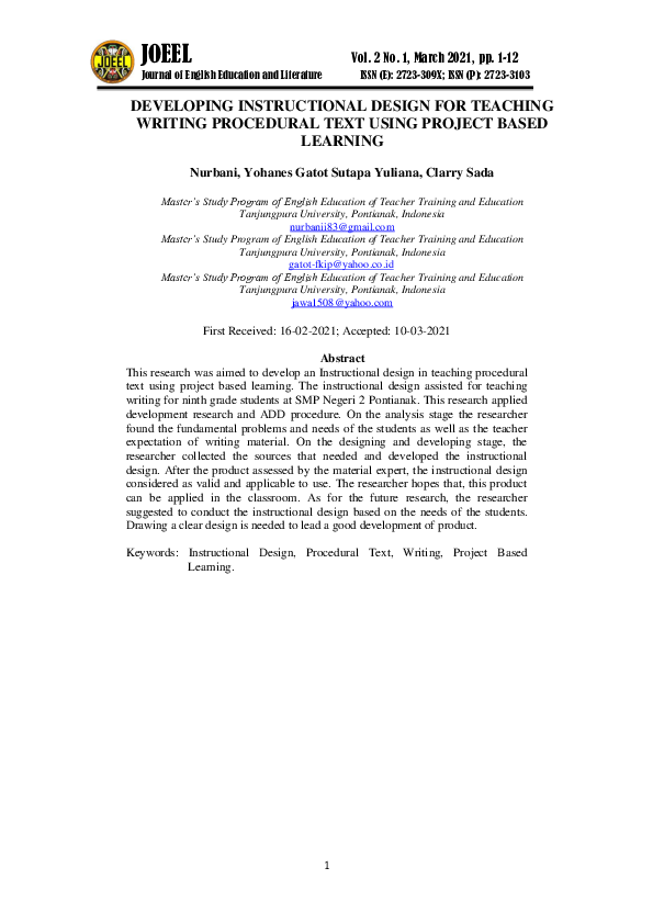 (PDF) Developing Instructional Design for Teaching Writing Procedural Text Using Project Based ...
