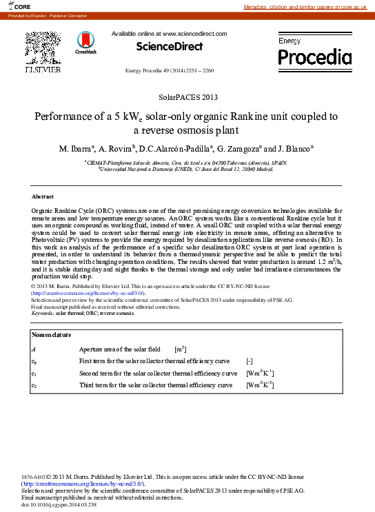 (PDF) Performance of a 5 kWe solar-only organic Rankine unit coupled to ...
