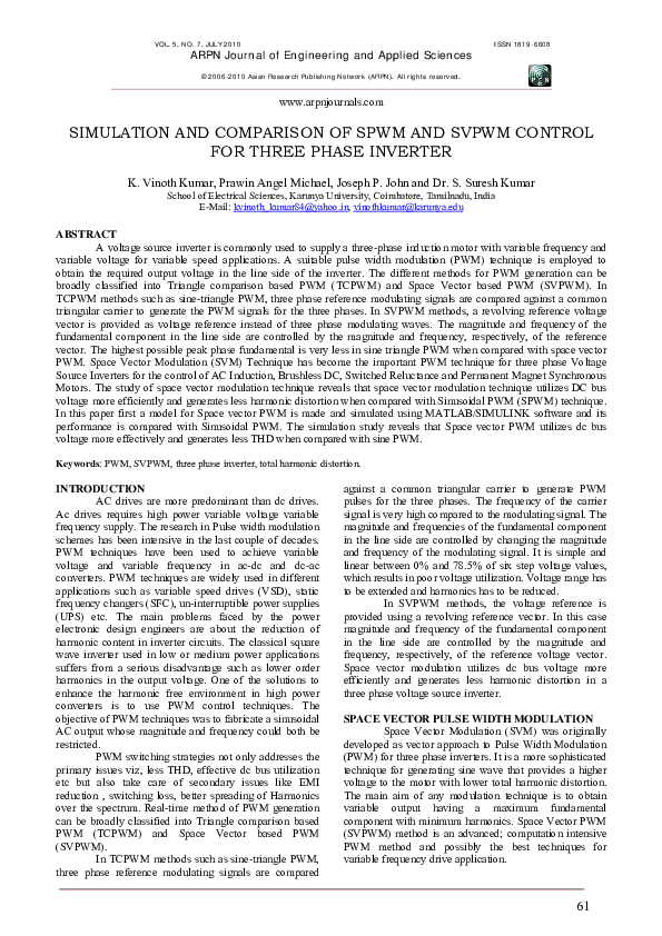 Pdf Simulation And Comparison Of Spwm And Svpwm Control For Three Phase Inverter
