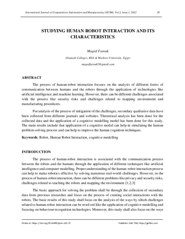 (PDF) Studying Human Robot Interaction and Its Characteristics