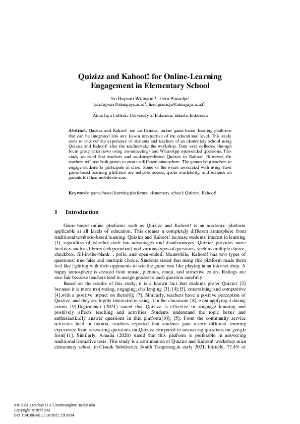 (PDF) Quizizz and Kahoot! for Online-Learning Engagement in Elementary School