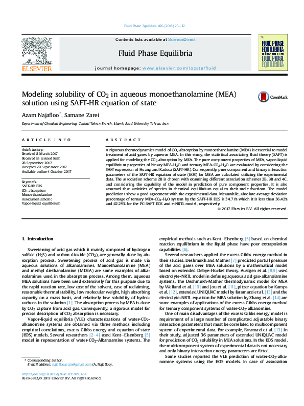 (PDF) Modeling solubility of CO 2 in aqueous monoethanolamine (MEA) solution using SAFT-HR ...