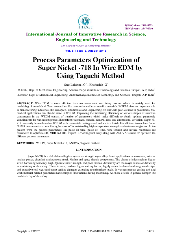 Pdf Process Parameters Optimization Of Super Nickel 718 In Wire Edm By Using Taguchi Method