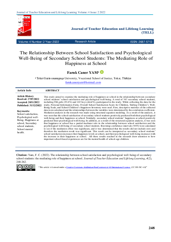 (PDF) The Relationship Between School Satisfaction and Psychological ...