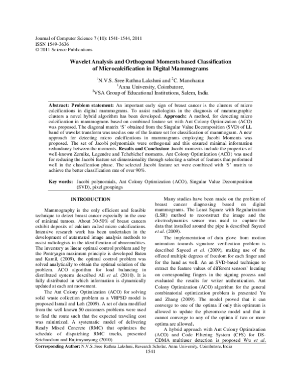(PDF) Wavelet Analysis and Orthogonal Moments based Classification of Microcalcification in ...