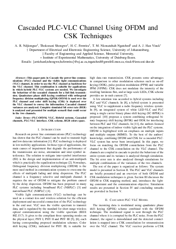(PDF) Cascaded PLC-VLC Channel Using OFDM and CSK Techniques