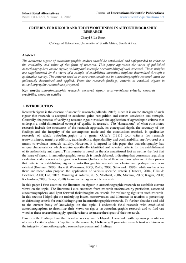 (PDF) Criteria for Rigour and Trustworthiness in Autoethnographic Research
