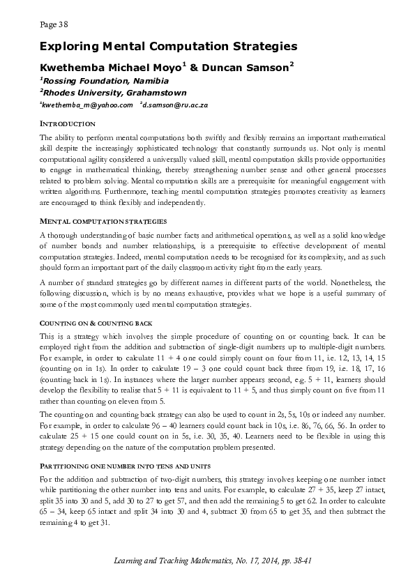 (PDF) Exploring mental computation strategies