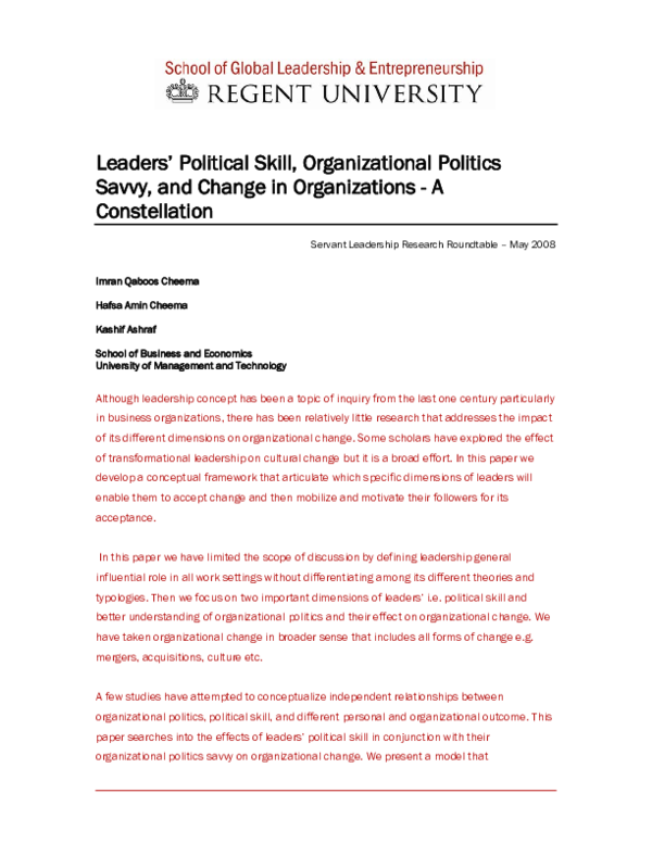 (PDF) Leaders' Political Skill, Organizational Politics Savvy, and ...