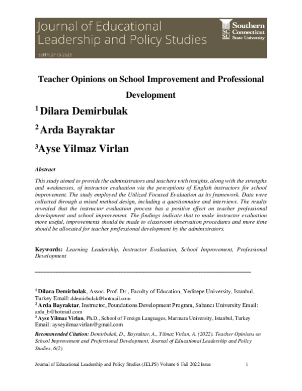 (PDF) Teacher Opinions on School Improvement and Professional Development