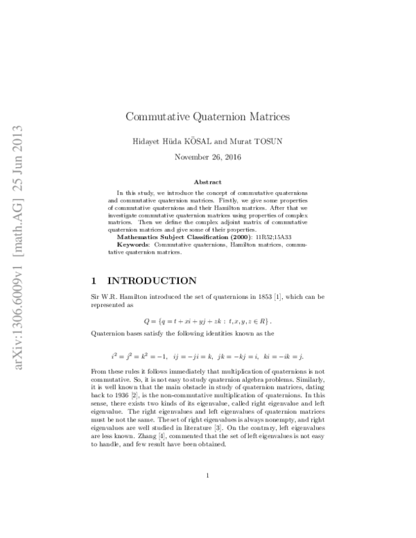 (PDF) Commutative Quaternion Matrices