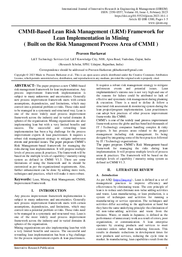 (PDF) Cmmi based lean risk management lrm framework for lean implementation in mining