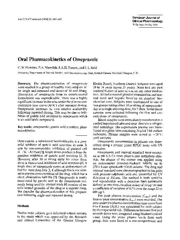 (PDF) Oral pharmacokinetics of omeprazole | Colin Howden - Academia.edu