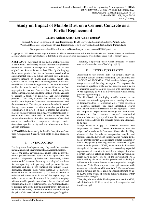 (PDF) Study on Impact of Marble Dust on a Cement Concrete as a Partial Replacement