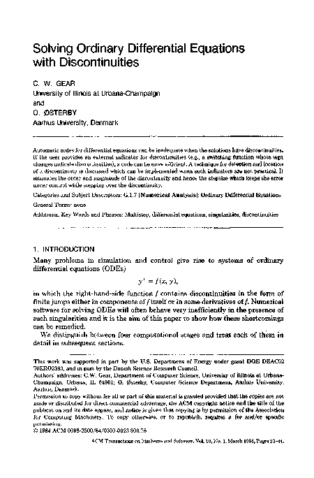 (PDF) Solving Ordinary Differential Equations with Discontinuities