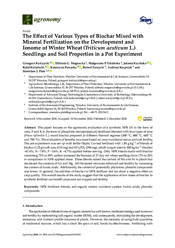 (PDF) The Effect of Various Types of Biochar Mixed with Mineral Fertilization on the Development ...