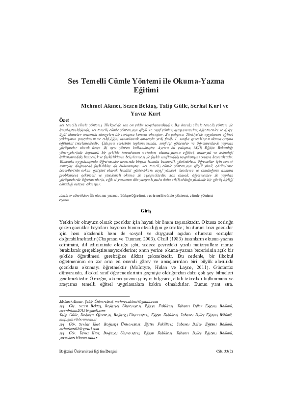 (PDF) Ses Temelli Cümle Yöntemi ile Okuma-Yazma Eğitimi | SERHAT KURT ...