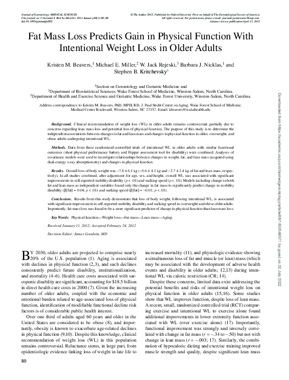 (PDF) Fat Mass Loss Predicts Gain in Physical Function With Intentional ...