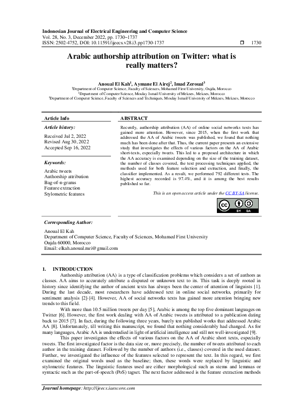 Arabic authorship attribution on Twitter: what is really matters?