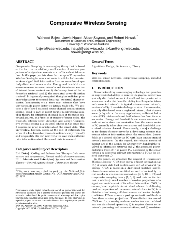Pdf Compressive Wireless Sensing Akbar Sayeed