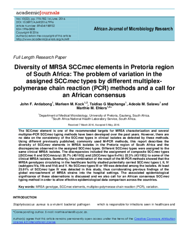 (PDF) Diversity of MRSA SCCmec elements in Pretoria region of South ...