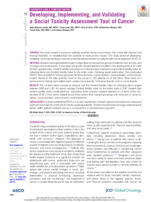(PDF) Developing, Implementing, and Validating a Social Toxicity Assessment Tool of Cancer