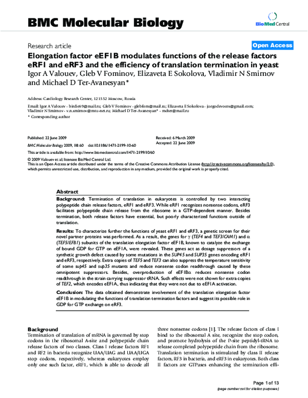 (PDF) Elongation factor eEF1B modulates functions of the release ...
